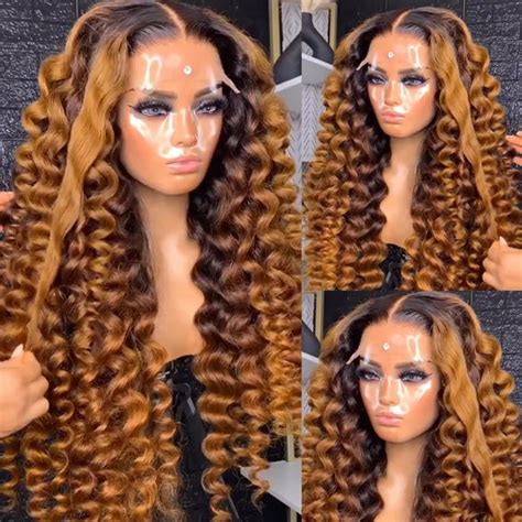 Caramel Brown Water Wave Lace Front Human Hair Wig Dark Root Lace Fron