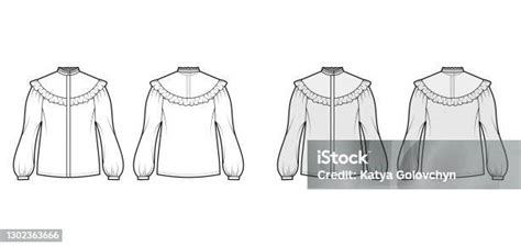 프레리 블라우스 테크니컬 패션 일러스트와 부퍼런트 롱 슬리브 스탠드 칼라 러플 요크 커프 가죽 버튼 업 블라우스에 대한 스톡