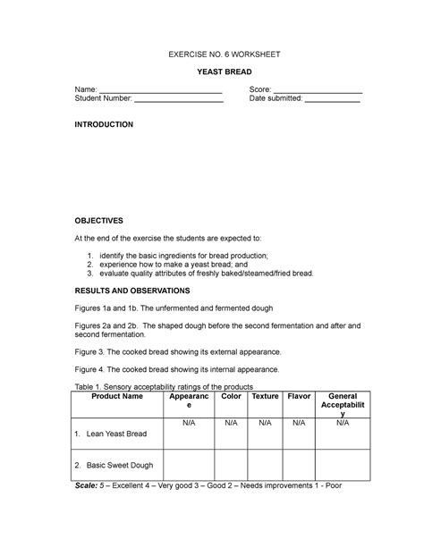 Exercise 6 Yeast Bread Worksheet Exercise No 6 Worksheet Yeast