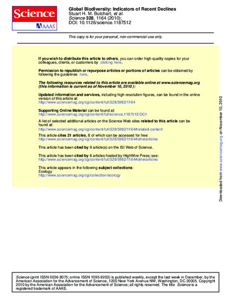 Pdf Global Biodiversity Indicators Of Recent Declines