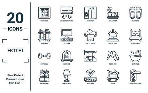 호텔 선형 아이콘 세트입니다 얇은 라인 스위치 이층 침대 덤벨 목욕 수건 방해 금지 화장지 보고서용 욕조 아이콘 프레젠테이션 다이어그램 웹 디자인 포함 0명에 대한 스톡