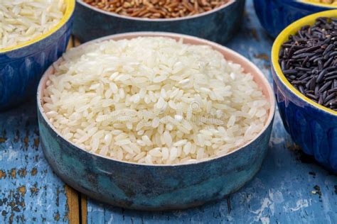 Different Types Of Rice White Basmati Jasmine Arborio Brown And Black Stock Image Image Of