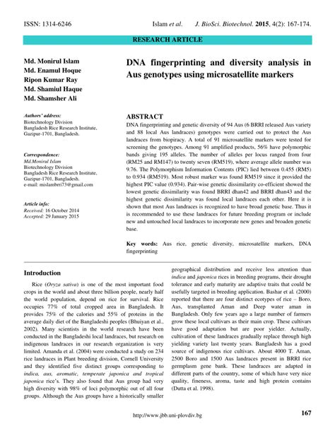 Pdf Dna Fingerprinting And Diversity Analysis In Aus Genotypes Using Microsatellite Markers