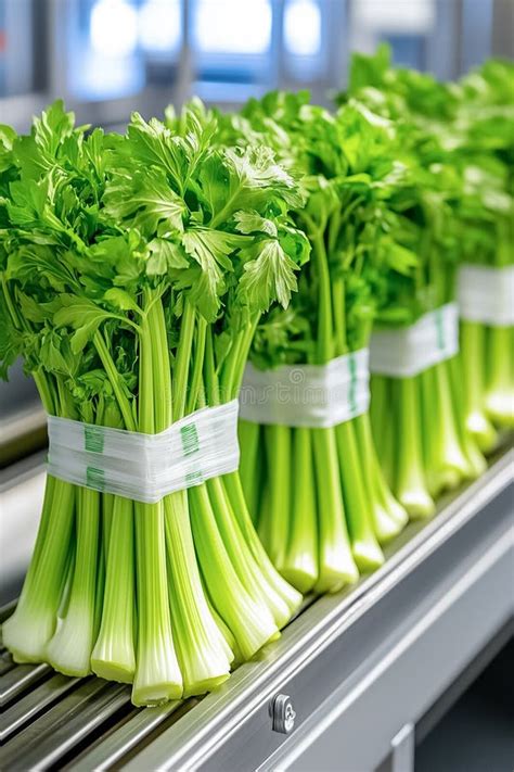 Bundles Of Vibrant Celery Neatly Wrapped With Plastic Bands Move