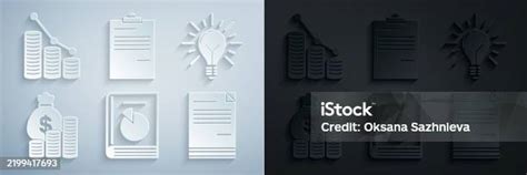 사용 설명서 광선이 빛나는 전구 및 아이디어 개념 돈 가방 동전 문서 및 파이 차트 인포그래픽 아이콘을 설정합니다 벡터 3차원 형태에 대한 스톡 벡터 아트 및 기타 이미지