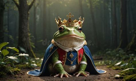 Cute Frog Dressed As King With Royal Cape And Crown Standing In Forest