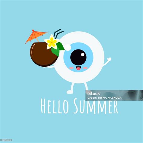 하와이 코코넛 칵테일 위트 우산과 꽃을 곁들인 귀여운 눈볼 이모티콘 0명에 대한 스톡 벡터 아트 및 기타 이미지 0명