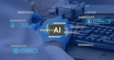 Typing On Keyboard Person Interacting With Ai Interface Wearing Blue Gloves Stock Image