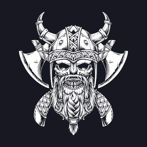 도끼 일러스트와 함께 수염된 해골 바이킹 무료 벡터