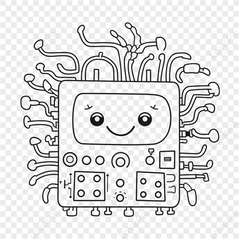 컴퓨터 아웃라인 스케치 드로잉의 웃는 얼굴이 있는 회로 기판 색칠 페이지 벡터두꺼운 선몸짓 Png 일러스트 무료 다운로드 Lovepik