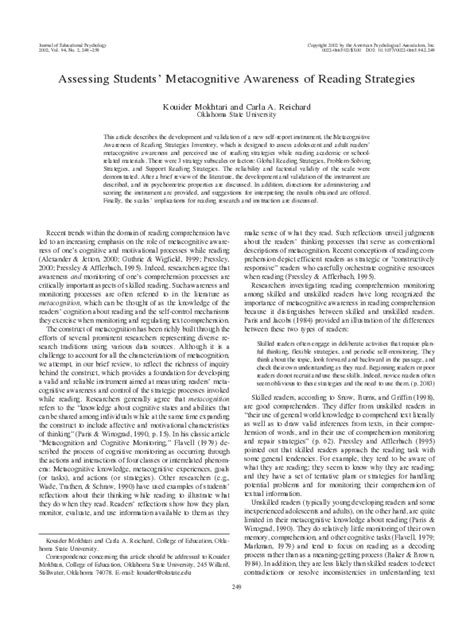 Pdf Assessing Students Metacognitive Awareness Of Reading Strategies
