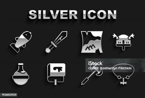 바이킹 책 뿔 투구 보석 목걸이 중세 장대 도끼 병 물약 접힌 지도 물고기와 검 아이콘을 설정합니다 벡터 가리키기에 대한 스톡 벡터 아트 및 기타 이미지 Istock