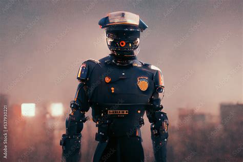 Futuristic City Night Scene With Robot Policemen Ai Generated Art Stock Illustration Adobe Stock