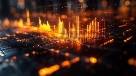Close Up Shot Of An Illuminated Digital Data Stream With Orange Glowing Bars Rising From A