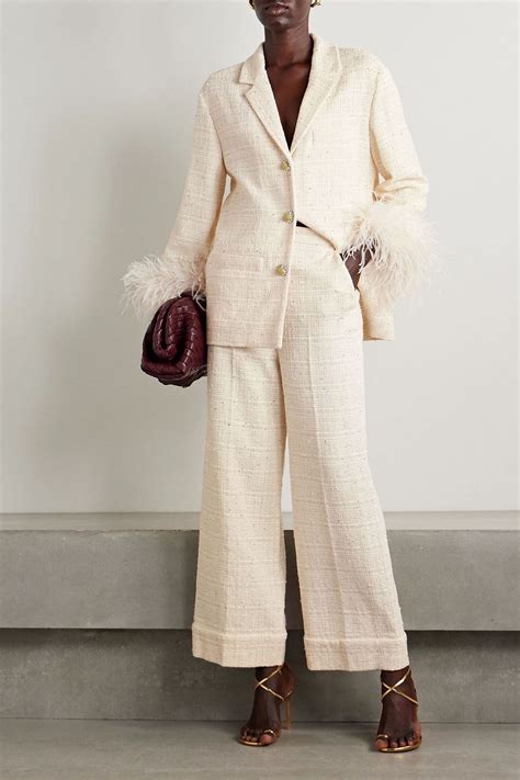 Valentino Garavani Embellished Cotton Blend Bouclé Tweed Wide Leg Pants