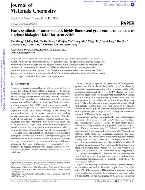 Pdf Facile Synthesis Of Water Soluble Highly Fluorescent Graphene Quantum Dots As A Robust