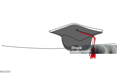 술이 달린 졸업 모자의 연속 한 선 그리기 학위 수여식 및 교육 프로그램 디자인을 위한 요소 공부에 대한 스톡 벡터 아트 및 기타 이미지 Istock