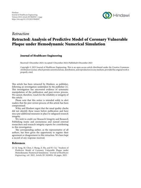 PDF Retracted Analysis Of Predictive Model Of Coronary Vulnerable Plaque Under Hemodynamic