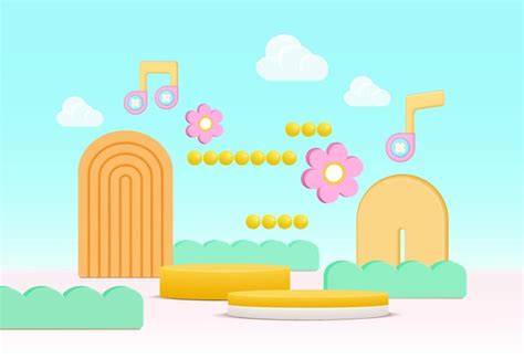 귀여운 디자인과 터 배경 제품 디스플레이 포디움 3d 렌더링을위한 기하학적 파스텔 색상 배경 디자인 프리미엄 벡터