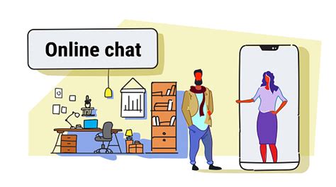 모바일 응용 직장 사무실 인테리어 화려한 스케치 수평을 사용 하 여 스마트 폰 화면 온라인 채팅 개념 커플에서 우아한 여자와 채팅 남자 2명에 대한 스톡 벡터 아트 및 기타