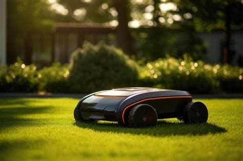 Premium AI Image Sunny Scene Featuring A Robotic Lawn Mower In Action