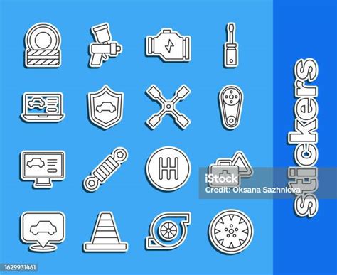 세트 라인 알로이 휠 구급 상자 및 경고 삼각형 타이밍 벨트 엔진 점검 실드가 있는 자동차 자동차의 진단 상태 타이어 및 휠 렌치 아이콘 벡터 건설 산업에 대한 스톡 벡터