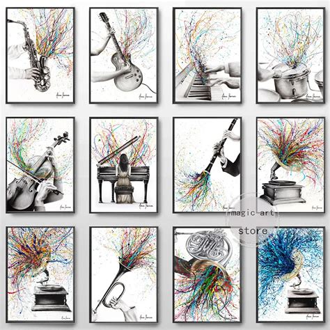 추상 음악 악기 재즈 색소폰 그랜드 피아노 기타 바이올린 솔로 아트 포스터 캔버스 벽 인쇄 그림 집 장식 티몬