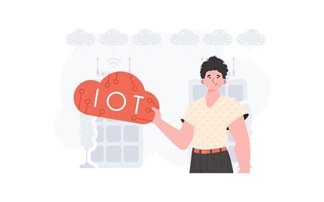 그 남자는 손에 인터넷 사물 아이콘을 들고 있습니다 Iot 및 자동화 개념 웹 사이트 및 프리젠 테이션에 좋습니다 플랫 스타일의 벡터 일러스트레이션입니다 5g에 대한 스톡