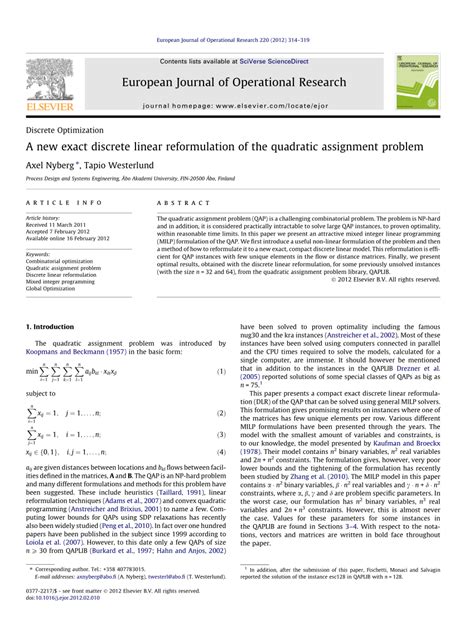 Pdf A New Exact Discrete Linear Reformulation Of The Quadratic Assignment Problem