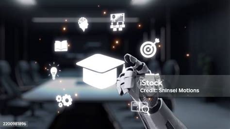 현대적인 회의실에서 가상 교육 아이콘과 상호 작용하는 미래형 휴머노이드 로봇은 비즈니스 환경에서 기술 및 학습 통합을 상징합니다 오바나 0명에 대한 스톡 사진 및 기타