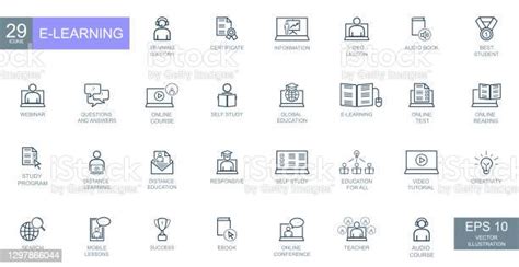 비즈니스 개념 비즈니스 인력 E러닝 얇은 줄 웹 아이콘 세트입니다 벡터 개념에 대한 스톡 벡터 아트 및 기타 이미지 개념 거리가 먼 공부 Istock