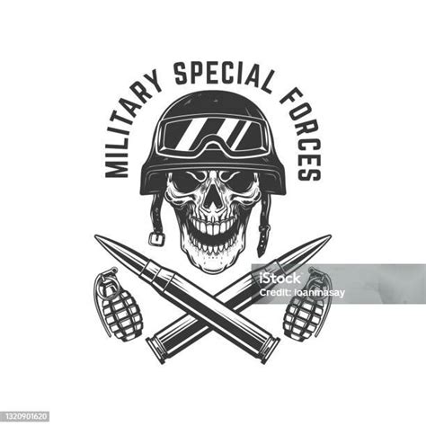 특수 부대 군용 헬멧에 군인 두개골소총탄과 수류탄을 건넜다 라벨 기호 엠블럼용 디자인 요소 벡터 일러스트레이션 격투기에 대한 스톡 벡터 아트 및 기타 이미지 Istock