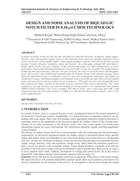 Pdf 17 I3design And Noise Analysis Of Biquad Gic Notch Filter In 018 µm Cmos Technology