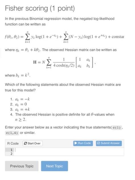 Solved Fisher Scoring 1 Point In The Previous Binomial Solved Fisher Scoring 1 Point In The Previous Binomial