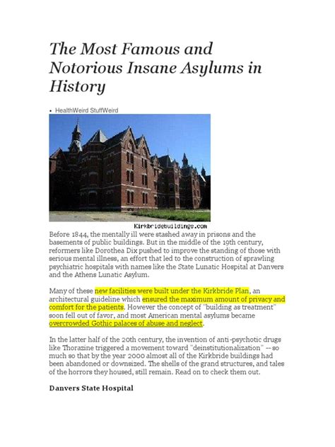 Notorious Insane Asylums In History Pdf Psychiatric Hospital