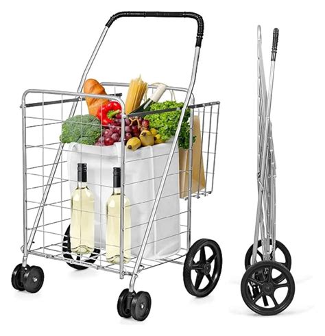 Folding Shopping Cart Metal Grocery Cart Wswivel Wheels And Extra