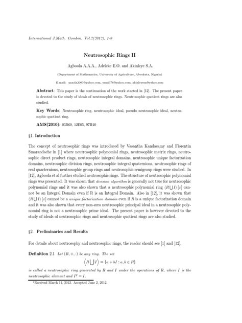 Neutrosophic Rings Ii Pdf Ring Mathematics Integer