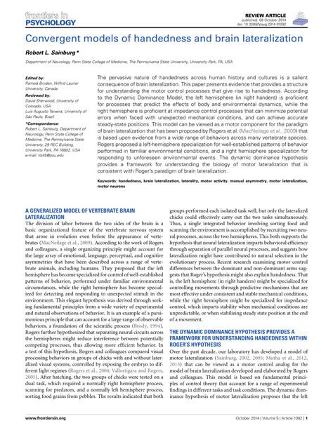 Pdf Convergent Models Of Handedness And Brain Lateralization