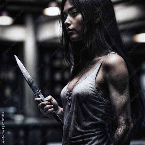 A Beautiful Fantasy Woman Turned Into A Serial Killer Calmly Holding A Knife While Her Arms