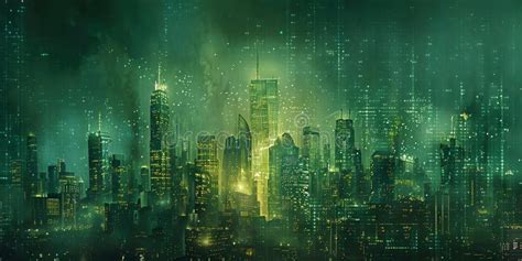 Digital World Cityscape With Green Matrix Background And Futuristic