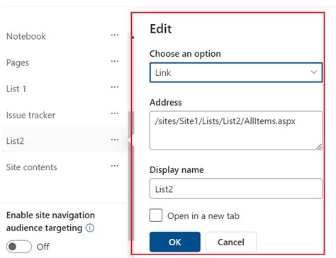 how do i make the sharepoint navigation to my list show as a