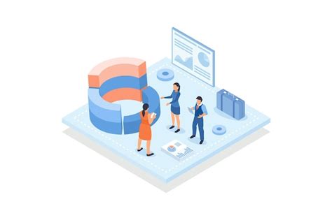 원형 차트를 분석하는 사람들의 그룹입니다 데이터 분석 프로젝트에서 작업하는 분석가 팀의 장면 프리미엄 벡터