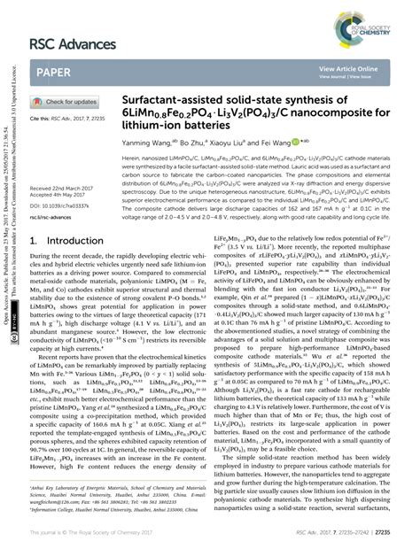Pdf Surfactant Assisted Solid State Synthesis Of 6limn 08 Fe 02 Po 4 ·li 3 V 2 Po 4 3 C