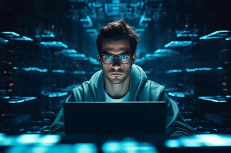 Premium Ai Image Hacker In Dark Room With Computer And City At Background Cybercrime Concept