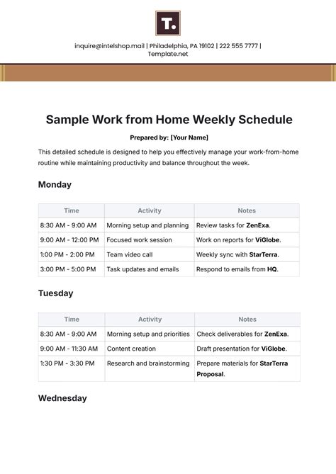 Free Sample Work from Home Weekly Schedule Template to Edit Online