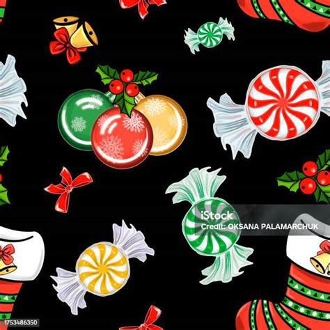 스타킹 공과 사탕 호랑가시나무 종소리 활의 크리스마스 매끄러운 패턴 디자인 배경 장식 생일 및 파티 섬유 제작 인쇄 포장 및 표지를 위한 디지털 일러스트레이션 12월에 대한