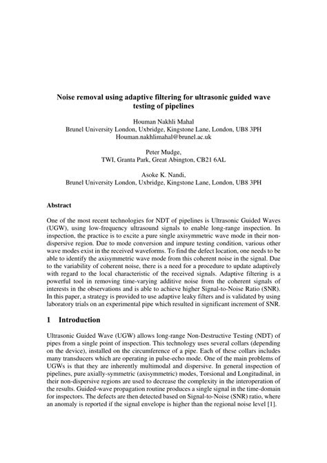 Pdf Noise Removal Using Adaptive Filtering For Ultrasonic Guided Wave Testing Of Pipelines