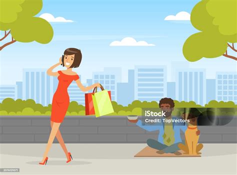 노숙자 에서 누더기 길에 앉아있는 와 개 구걸 돈 에서 Bypasser 벡터 일러스트 개에 대한 스톡 벡터 아트 및 기타 이미지