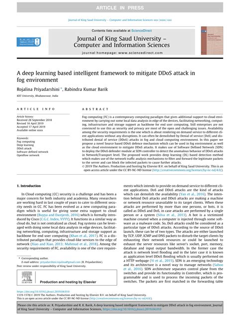 Pdf A Deep Learning Based Intelligent Framework To Mitigate Ddos