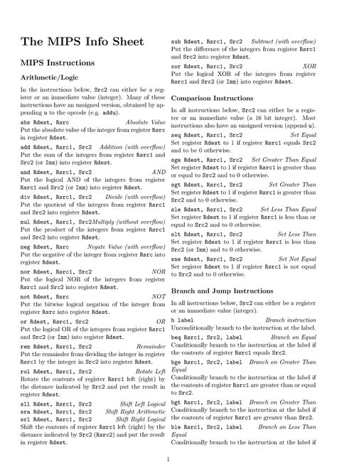 Mips Summary Notes The Mips Info Sheet Mips Instructions Arithmetic
